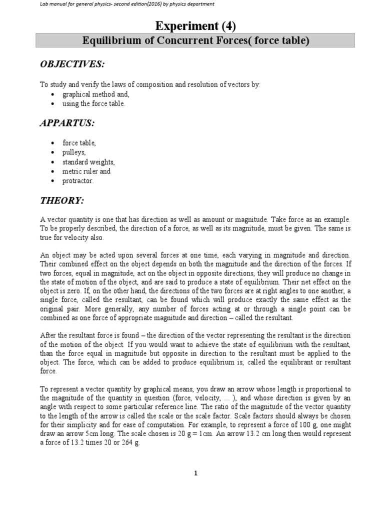 Experiment 4 Force Table Pdf Force Euclidean Vector