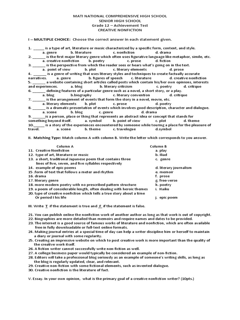Grade 12 Creative Nonfiction Test | PDF | Poetry