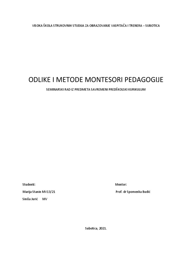 Savremeni Predškolski Kurikulum - Odlike I Metode Montesori Pedagogije ...