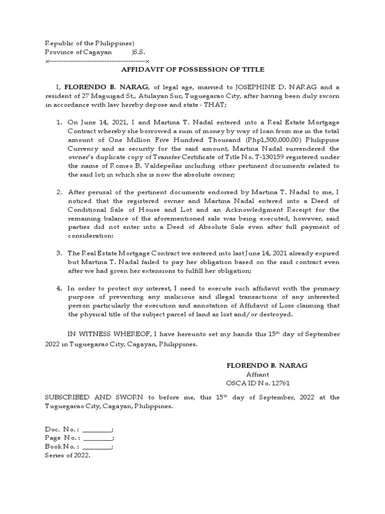 Affidavit of Possession of Title | PDF | Mortgage Loan | Affidavit