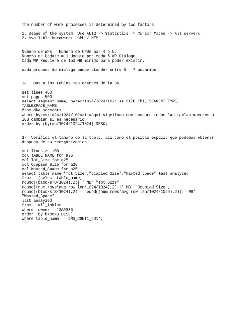 Sizing Wp En Sap Oracle Querys Para Reorg Pdf