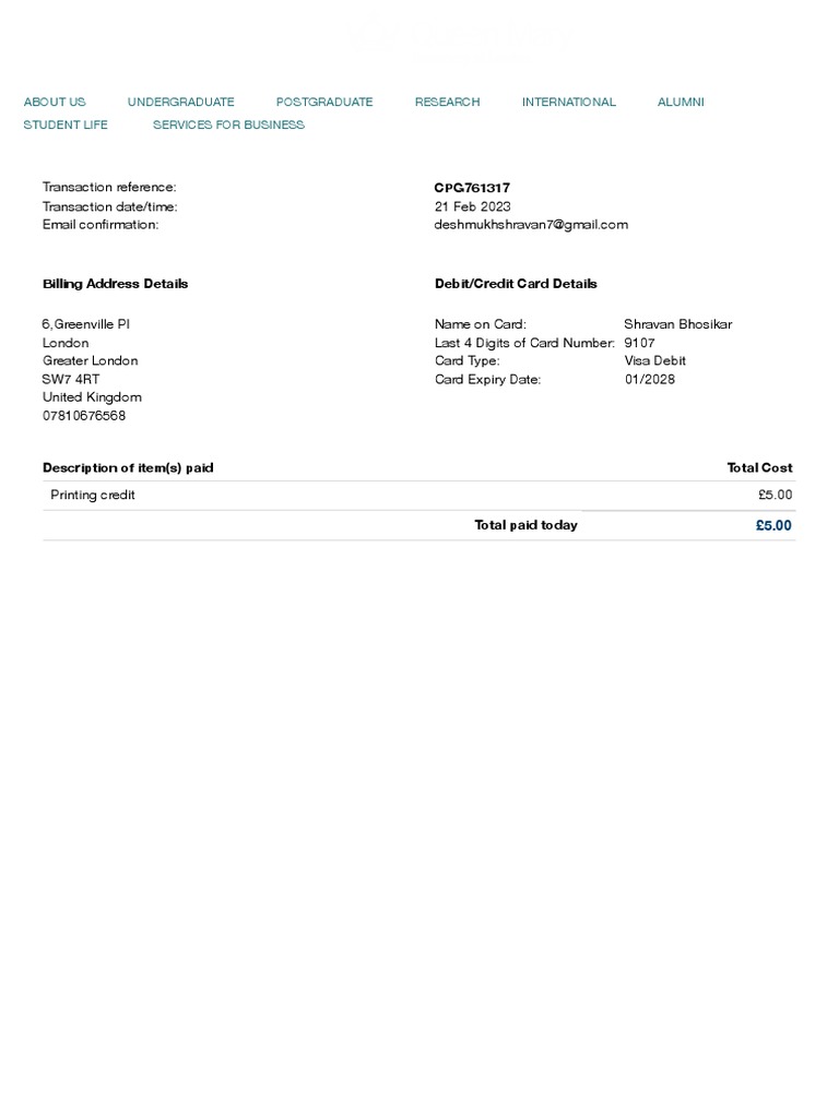 Queen Mary, University of London - Print GBP Payment Pathway | PDF