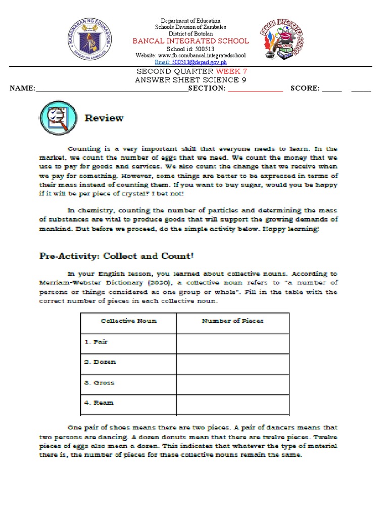 Answer Sheet Q2 Science 9 W7 | PDF