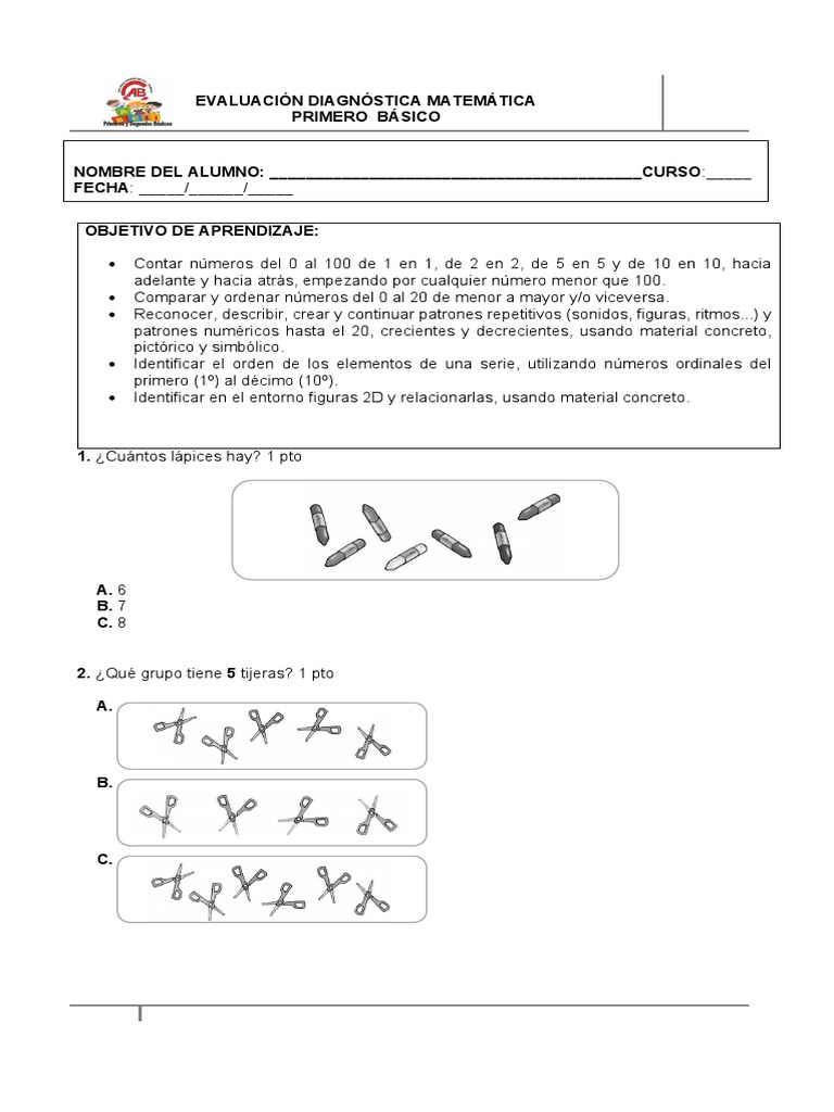 Diagnóstico Matemática Primero Básico 2021 | PDF