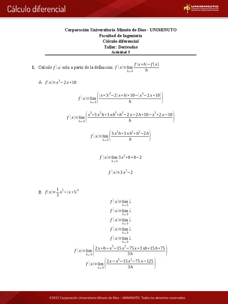 Taller de Derivadas Calculo Integral | PDF | Derivado | Enseñanza de matemática