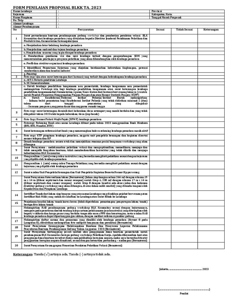 Form Evaluasi Proposal Pembangunan BLK Komunitas 2023 | PDF