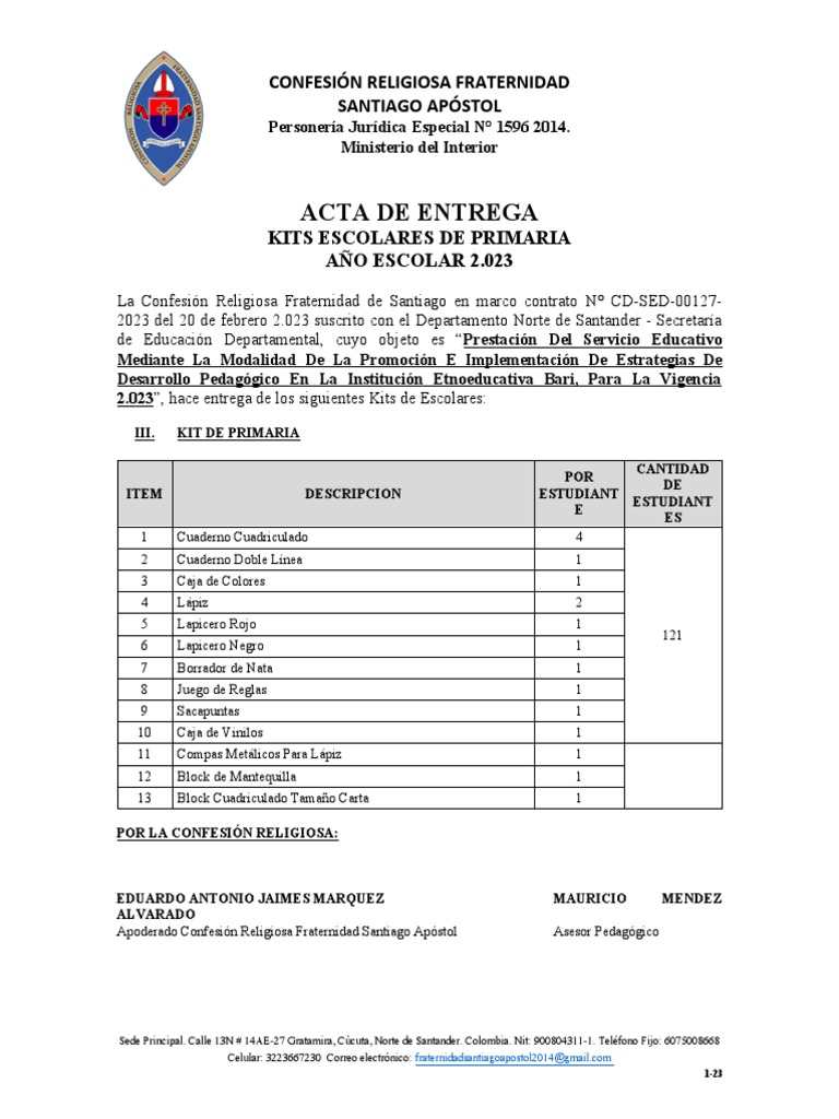 Acta de Entrega de Kits Escolares de PRIMARIA - SEGUNDO 2023 | PDF