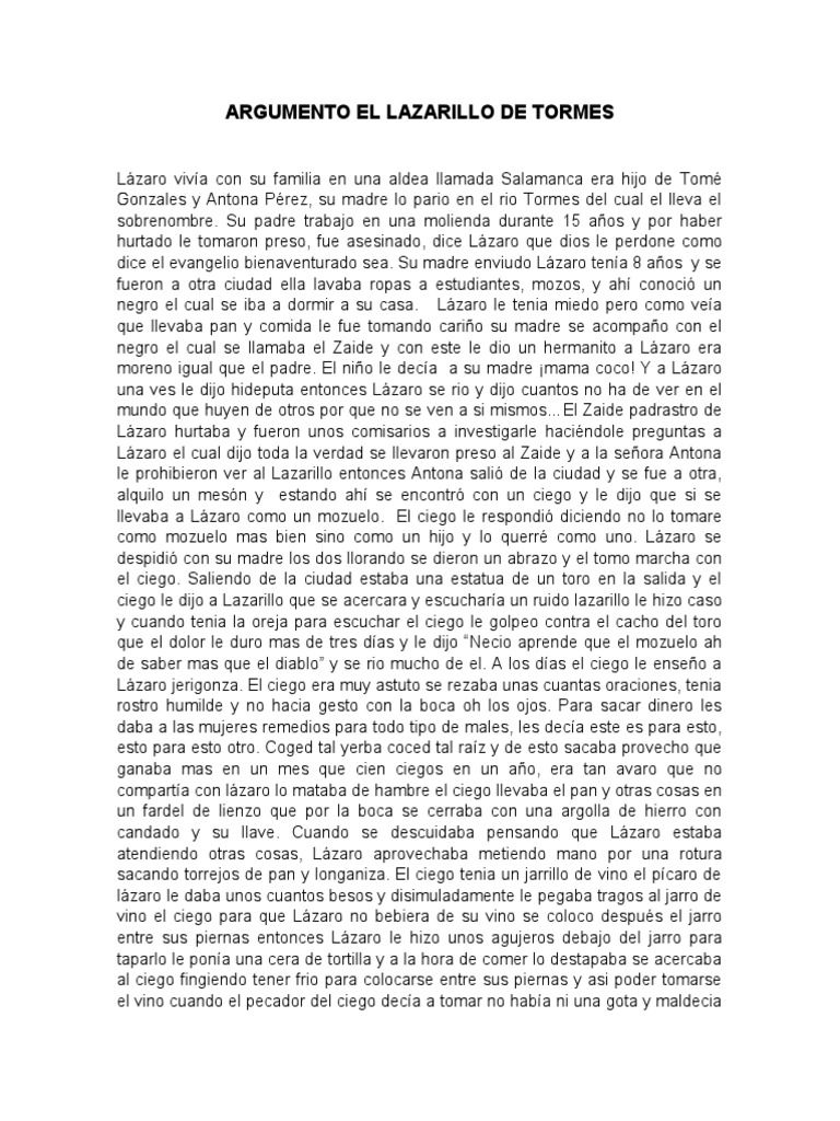 Argumento El Lazarillo de Tormes | PDF