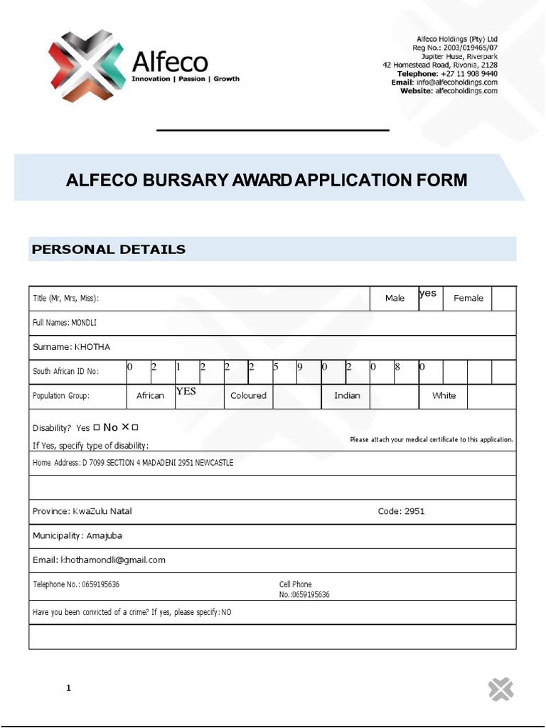 Alfeco Bursary Application Form 1 - (1) | PDF