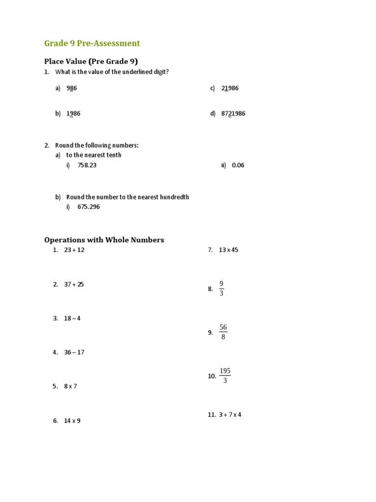 Grade 9 Math Pre-Assessment Test | PDF