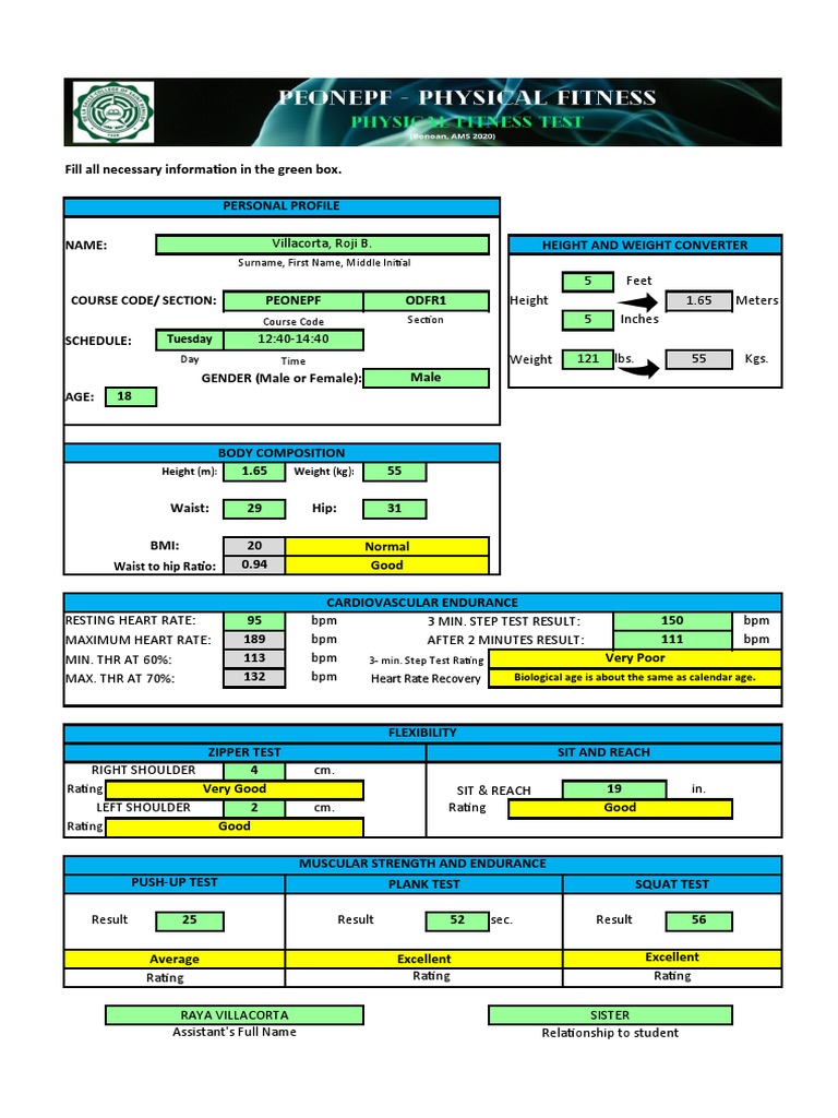 VILLACORTA_TASK 1 - PHYSICAL FITNESS TEST WORKSHEET (1) (2) | PDF ...