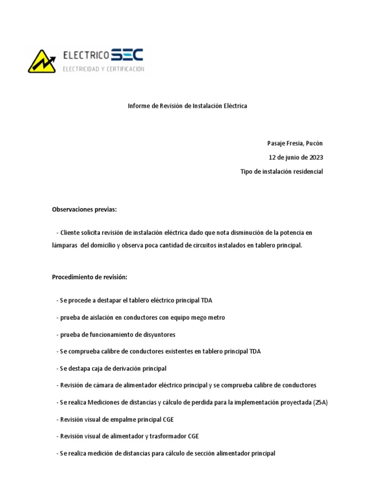 Informe de Revisión de Instalación Eléctrica Mauricio Escobar v2 | PDF ...