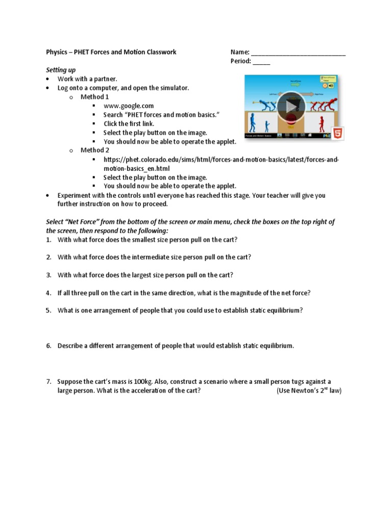 6.11 - PHET Forces and Motion Basics Simulator Classwork | PDF