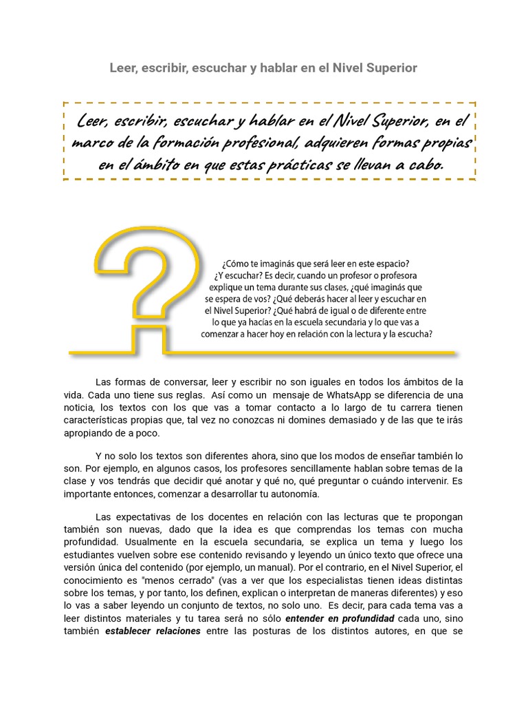Leer, Escribir, Escuchar y Hablar en El Nivel Superior | PDF | Coma ...
