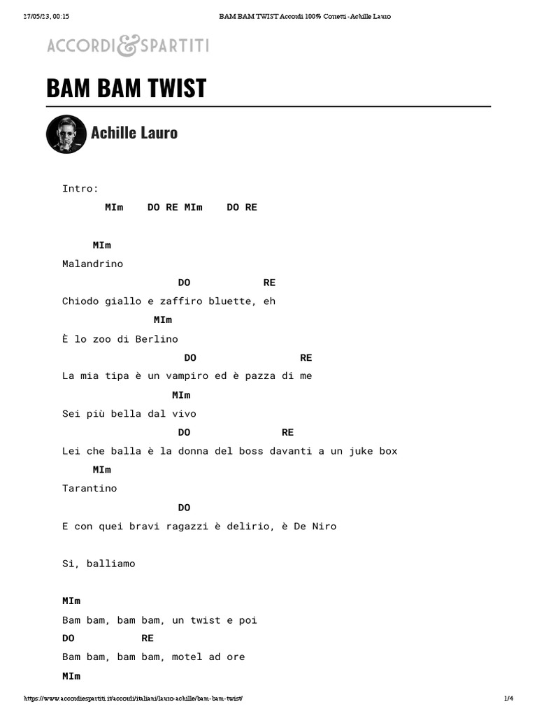 BAM BAM TWIST Accordi 100% Corretti - Achille Lauro | PDF