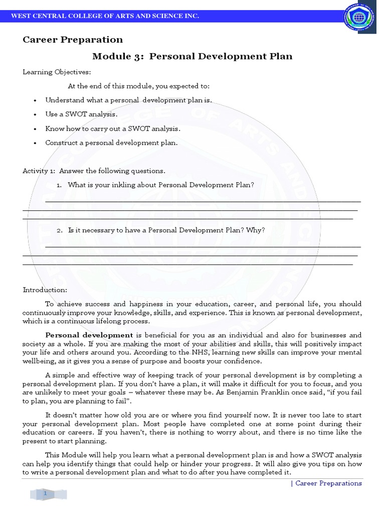Module 3 Personal Development Plan | PDF | Swot Analysis | Goal