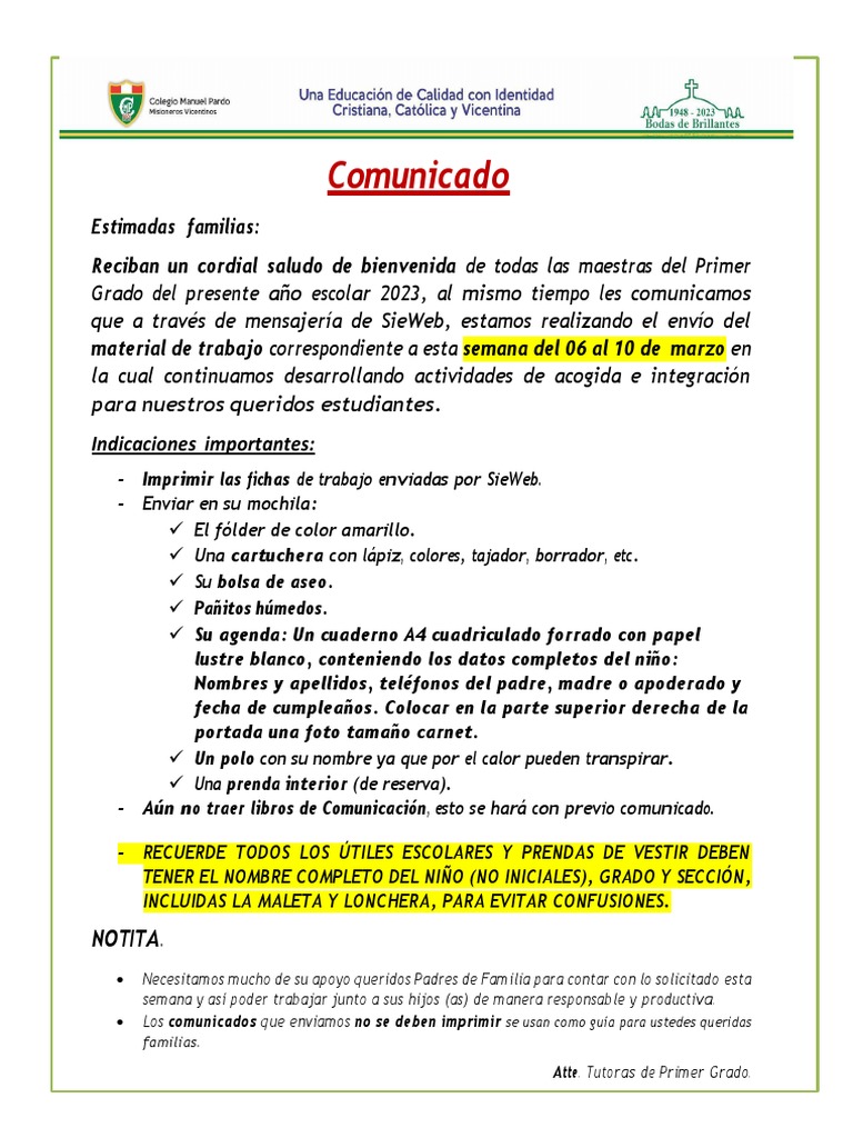 Comunicado 1 Grado | PDF