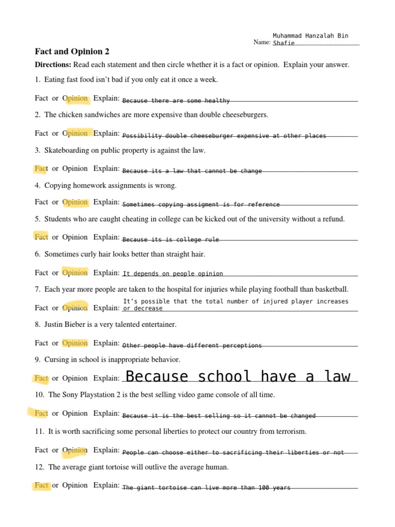 Fact and Opinion Worksheet 2 Muhammad Hanzalah Bin Shafie | PDF