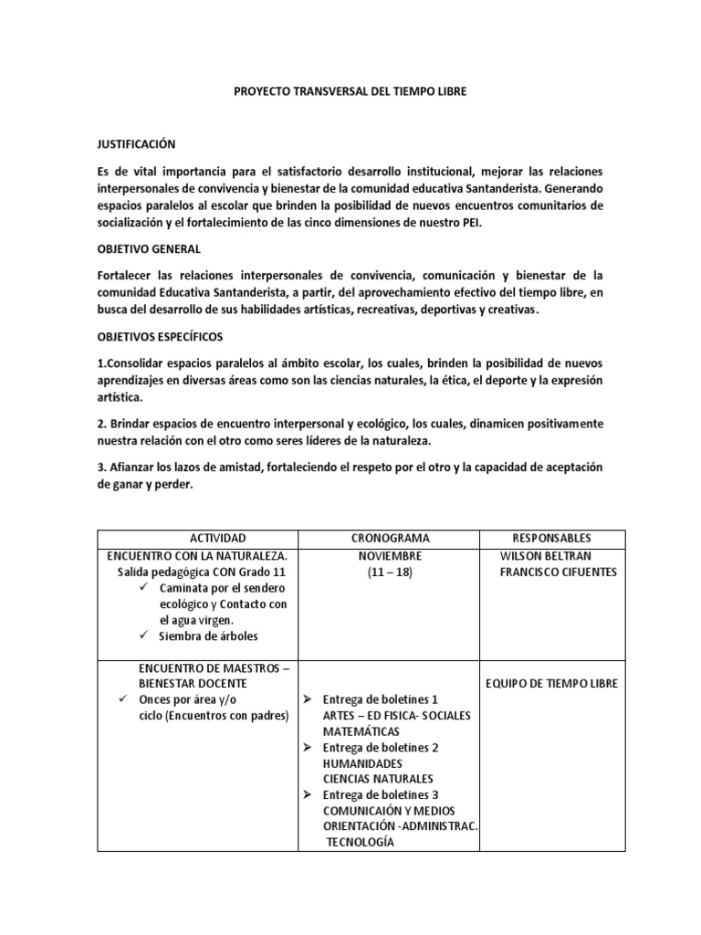 PROYECTO TRANSVERSAL DEL TIEMPO LIBRE Fin | PDF