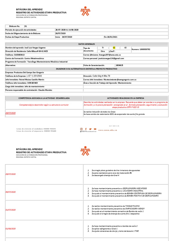 Formato Bitacora 1 | PDF | Ciencias fisicas | Bienes manufacturados