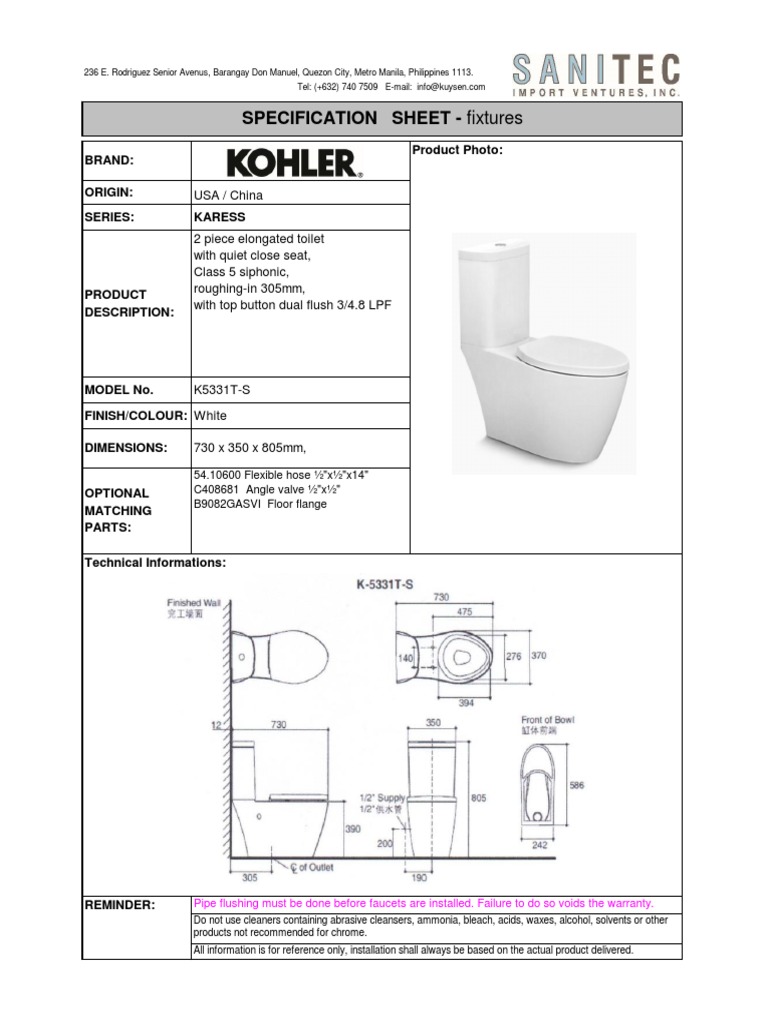 Specification Sheet - Fixtures: Brand: Origin: Series: Karess Product ...