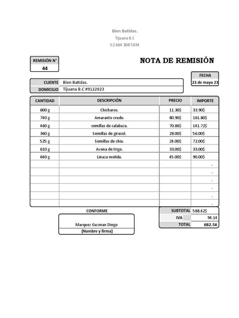 Nota de Remisión Editable N° 44 | PDF