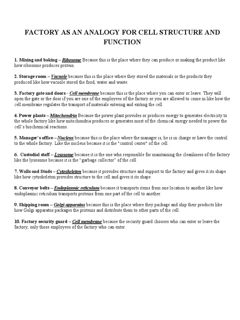Cell Analogy of Factory | PDF