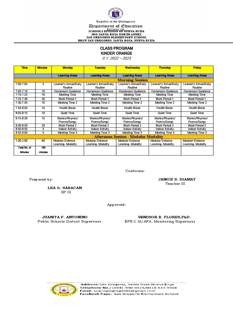 Class Program For MDL Kindergarten Janice S. Diamat..... | PDF | Schools | Educational Institutions