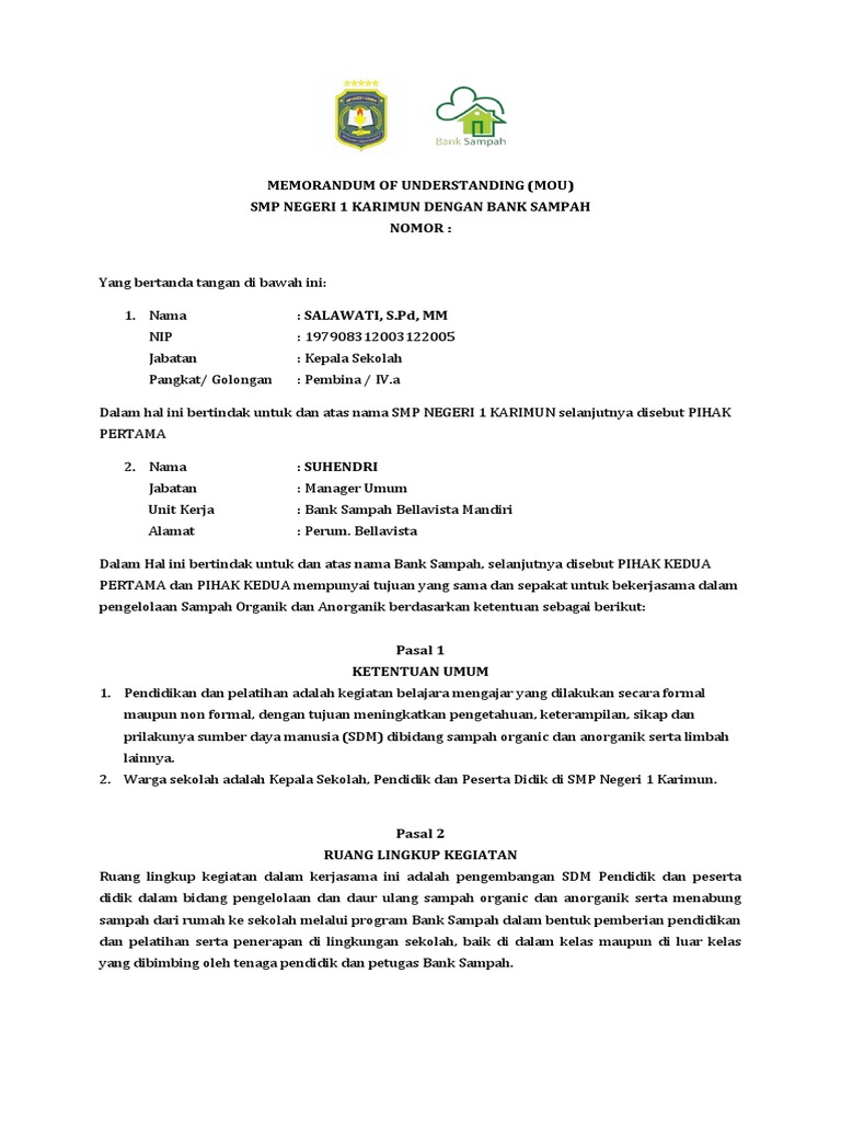 MOU BANK SAMPAH BELLAVISTA (5 September 2022) | PDF