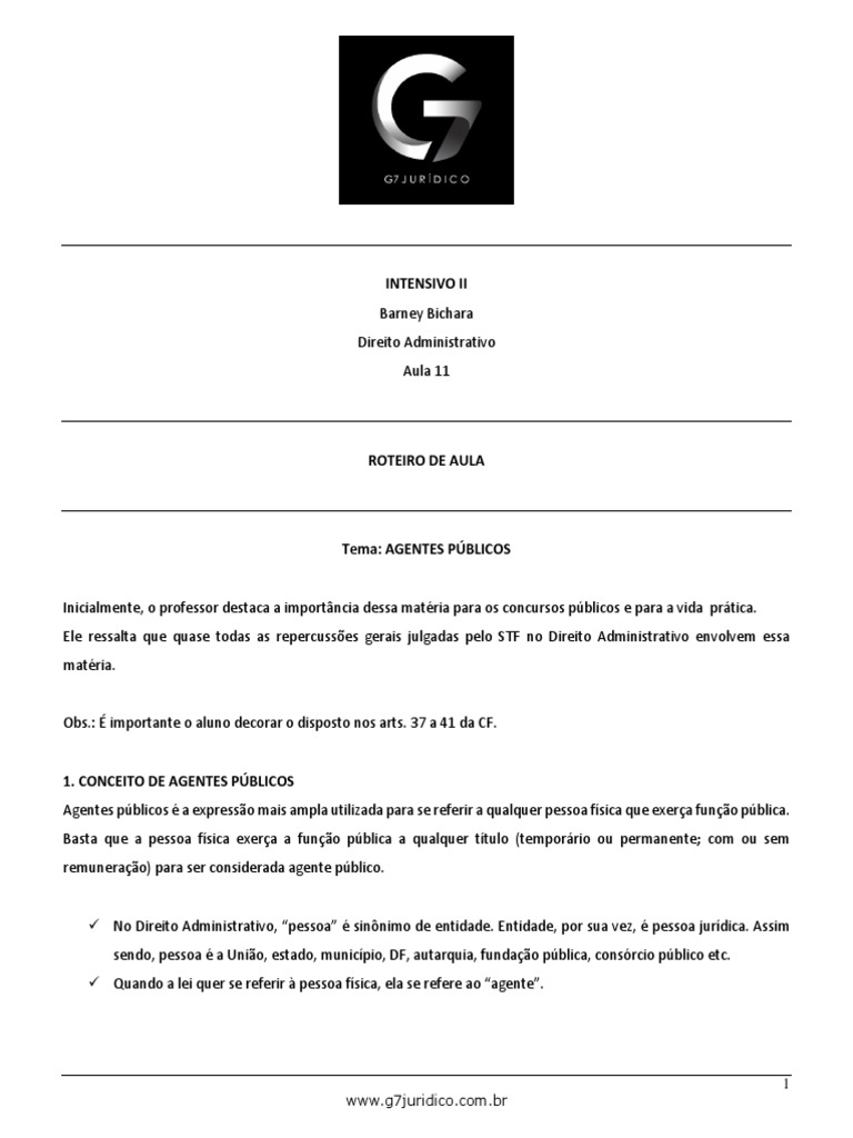 Roteiro de Aula - Intensivo II - D. Administrativo - Barney Bichara - Aula 11 | PDF ...