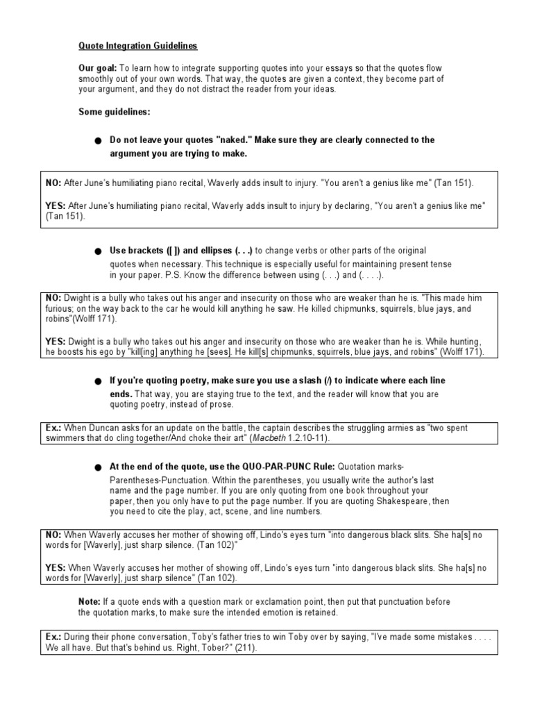 Guidelines for Integrating Quotes in Essays | PDF | Macbeth | Quotation ...
