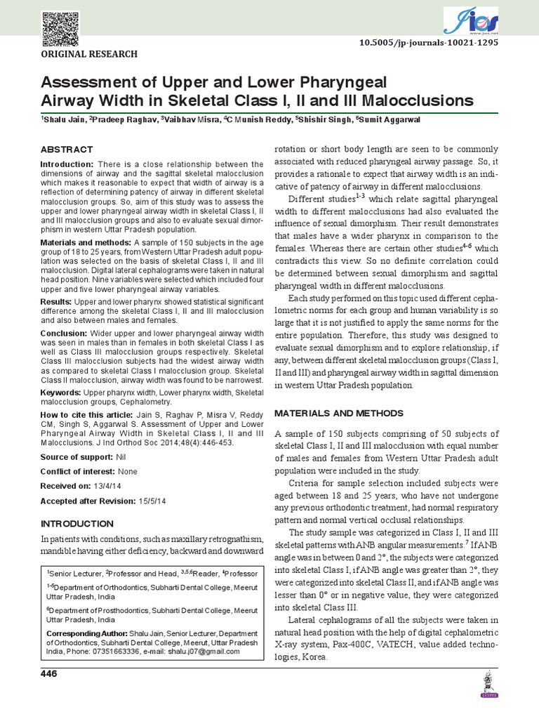 Assessment of Upper and Lower Pharyngeal Airway Width in Skeletal Class ...