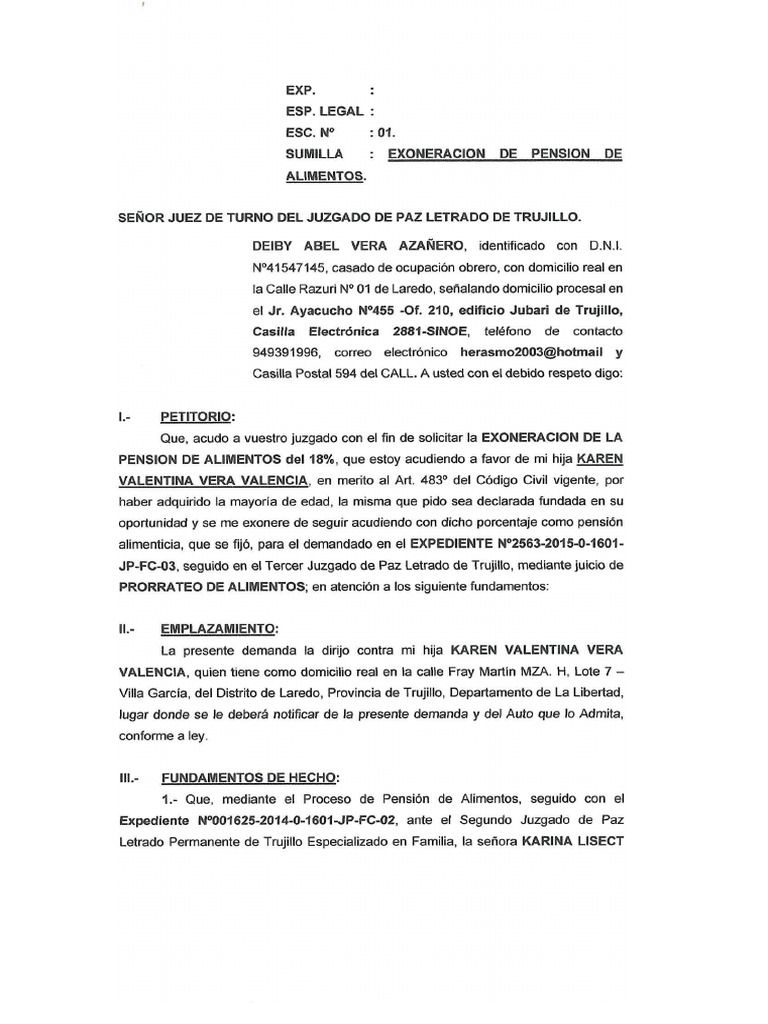 Modelo de Exoneracion de Alimentos | PDF