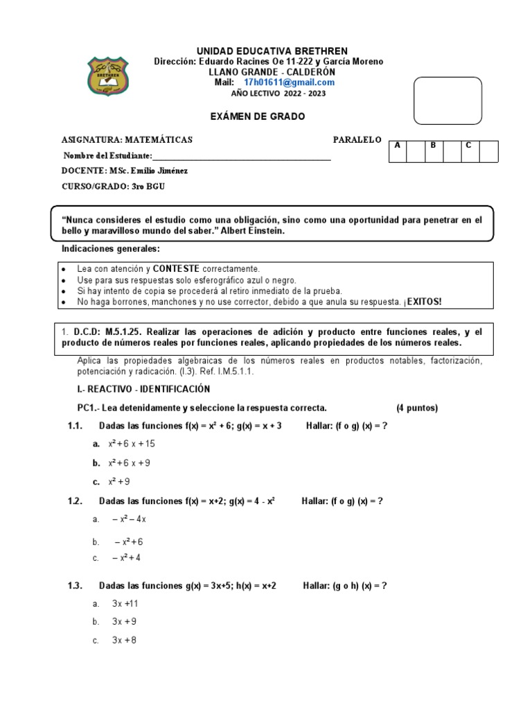 CUESTIONARIO EXAMEN DE GRADO 3ro Matemáticas | PDF | Ecuaciones | Integral