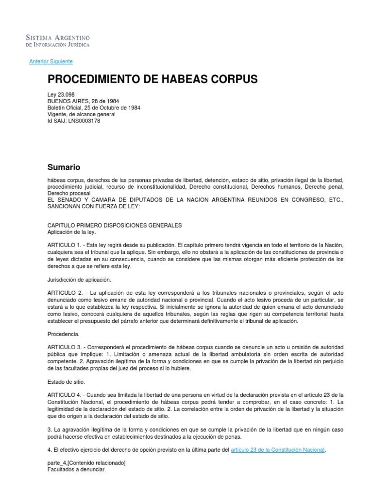 Procedimiento De Habeas Corpus Pdf Habeas Corpus Separación De