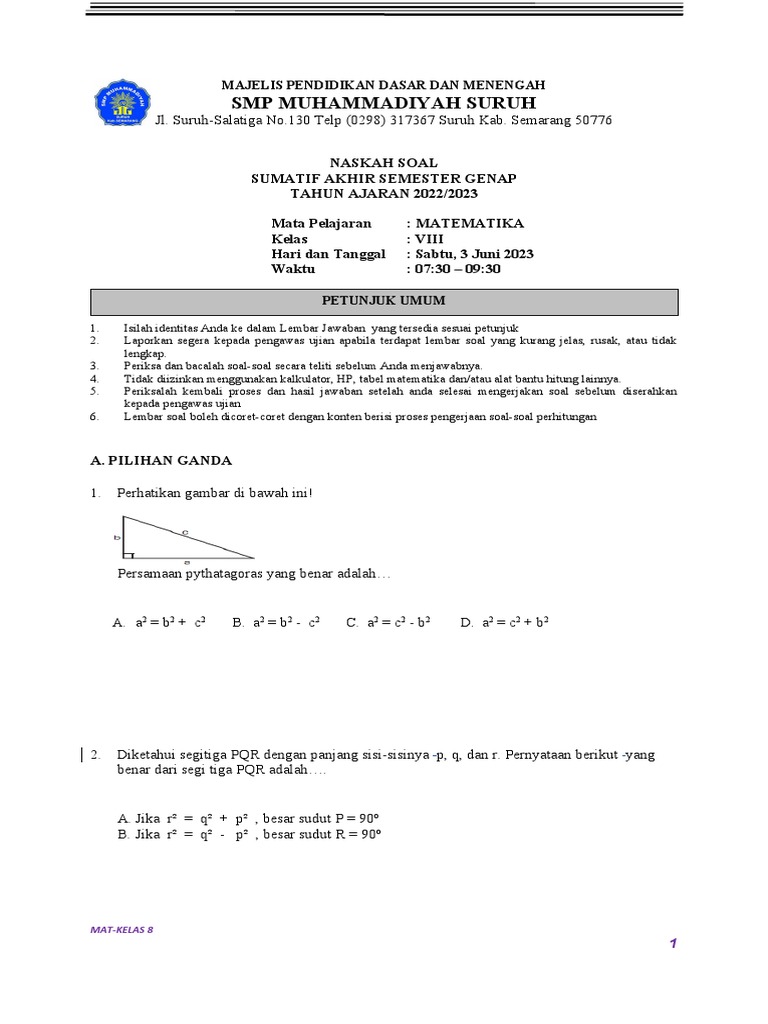 Soal PAT Kelas VIII - MTK | PDF