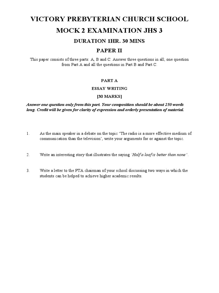 JHS 3 Mock Examination Paper II | PDF