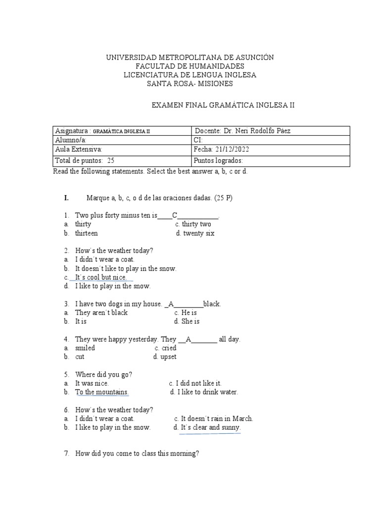 Examen Final Gramática II | PDF