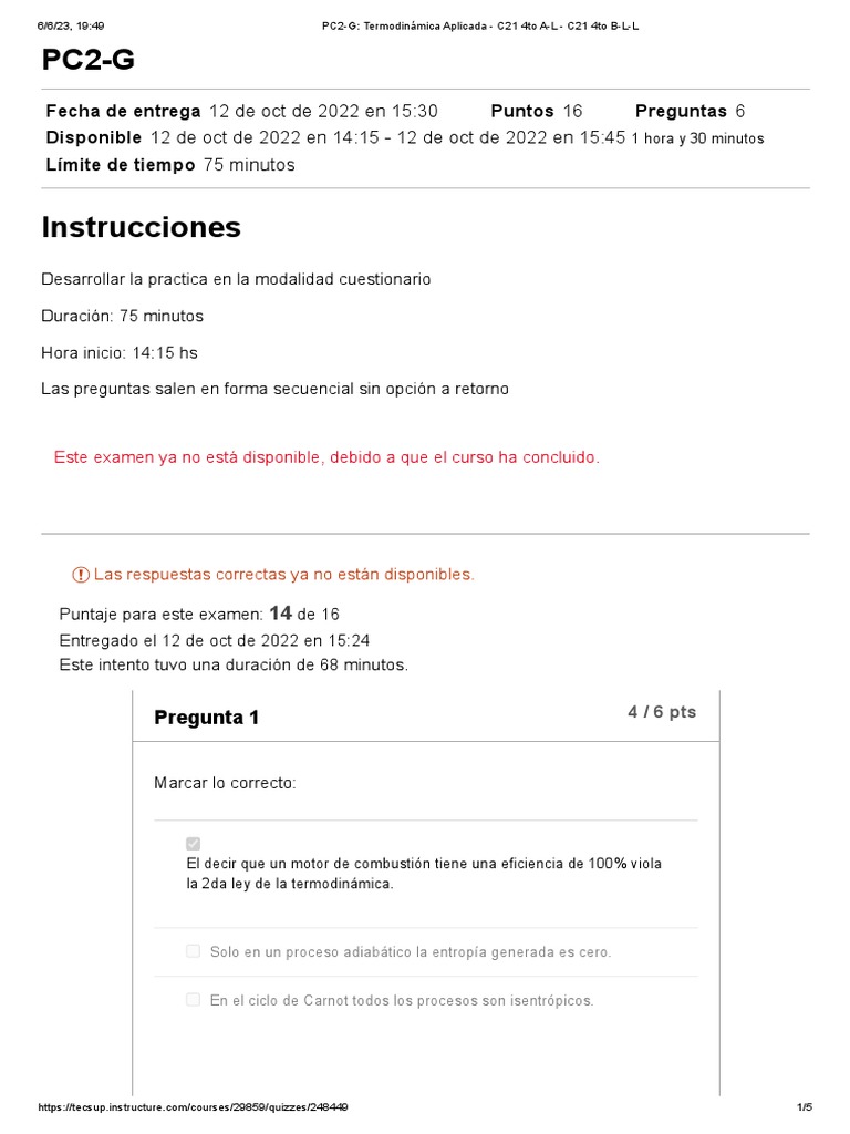 PC2-G - Termodinámica Aplicada | PDF