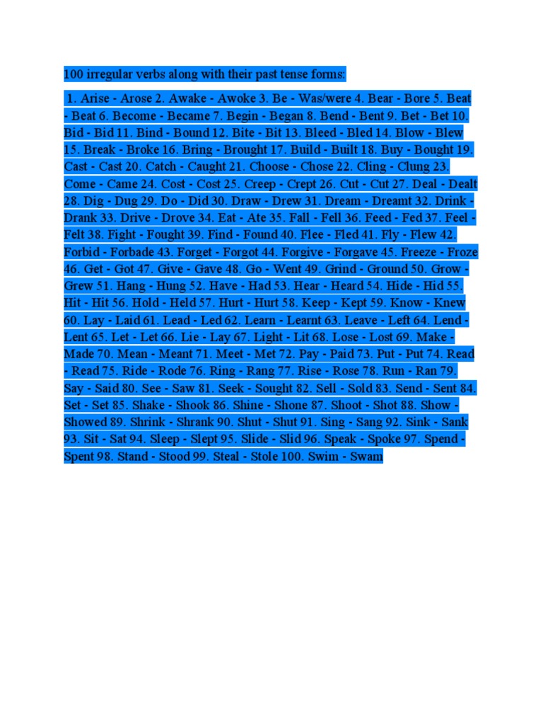 100 Irregular Verbs Along With Their Past Tense Forms | PDF | Self ...