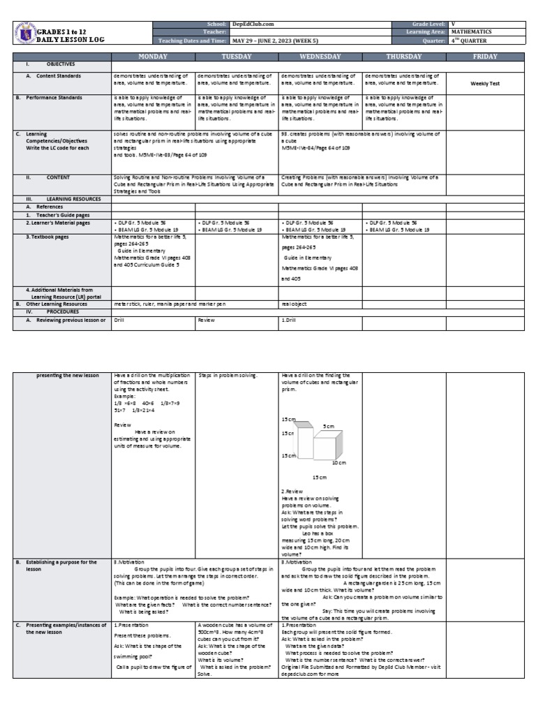 DLL - Mathematics 5 - Q4 - W5 | PDF | Mathematics | Volume