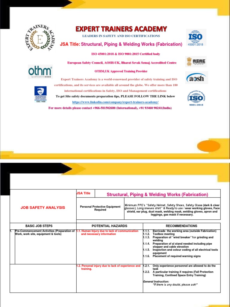 EXPERT-JSA Structural, Piping & Welding Works | PDF | Fires | Personal ...