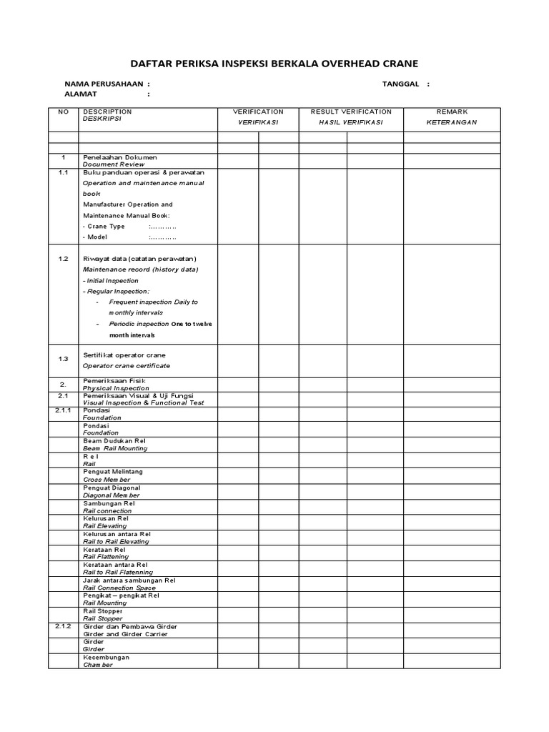 OVERHEAD CRANE INSPEKSI BERKALA | PDF | Crane (Machine) | Manufactured ...