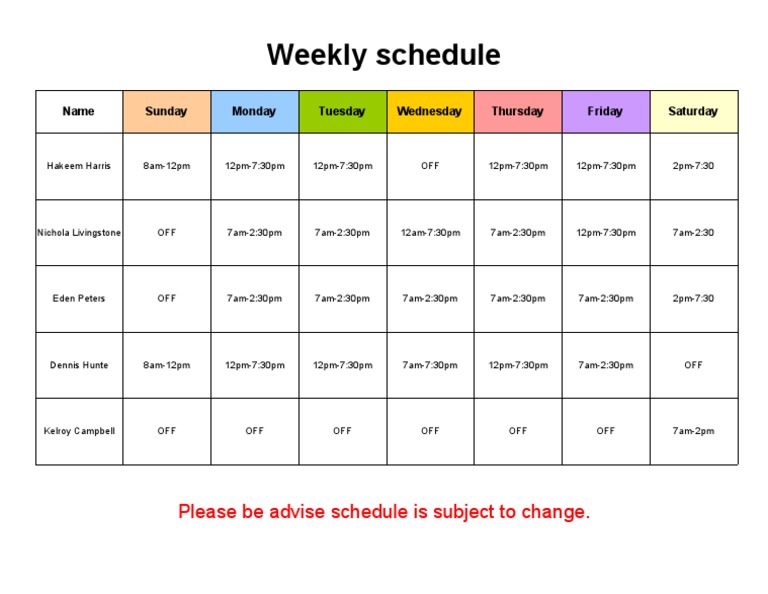 Weekly Schedule Sunday To Saturday in Color | PDF
