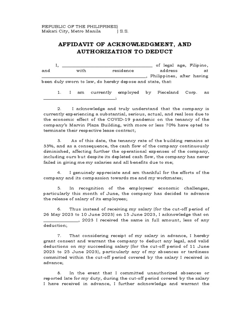 AFFIDAVIT OF Authorization To Deduct EMPLOYEES | PDF | Business