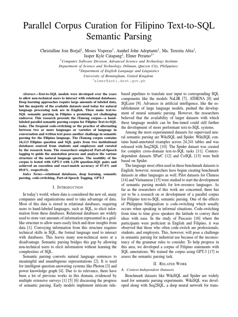 Parallel Corpus Curation For Filipino Text To SQL Semantic Parsing | PDF