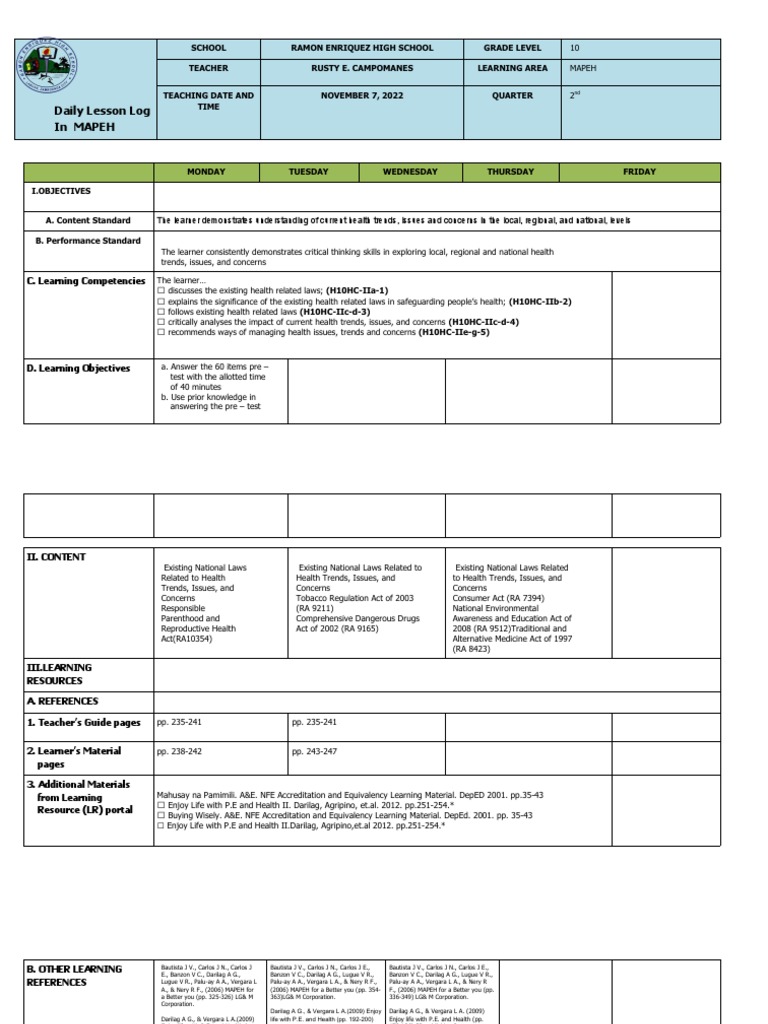 Health Week 1 DLL | PDF | Teachers | Learning