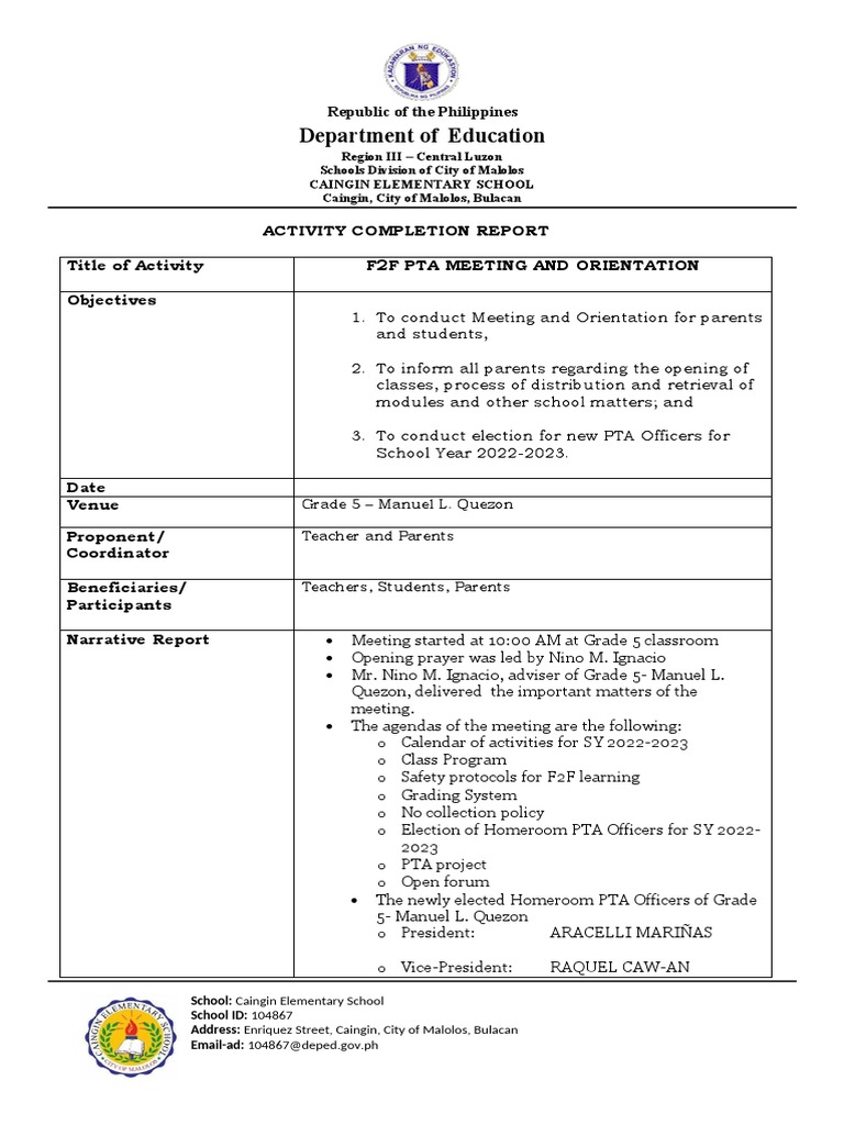 ACR Pta Meeting GRADE 5 | PDF
