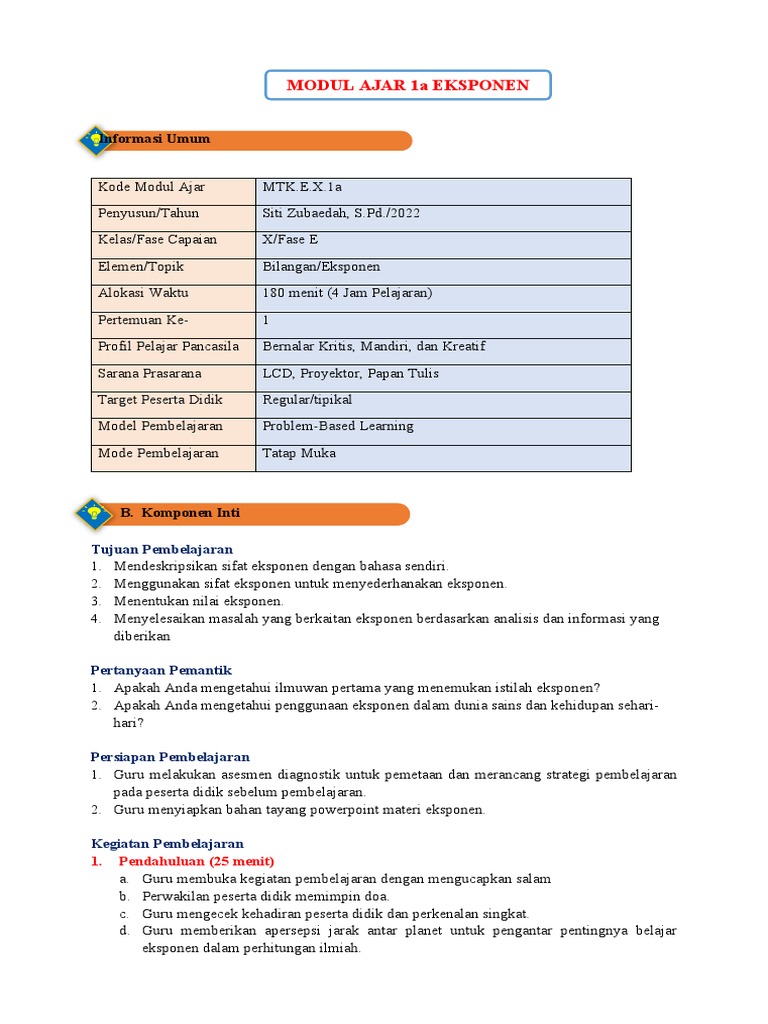 Modul Ajar X Matematika 1 Eksponen (Repaired) | PDF
