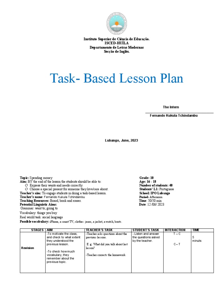 Task Based Lesson Plan - Cópia - Cópia-1 | PDF | Second Language | Lesson Plan